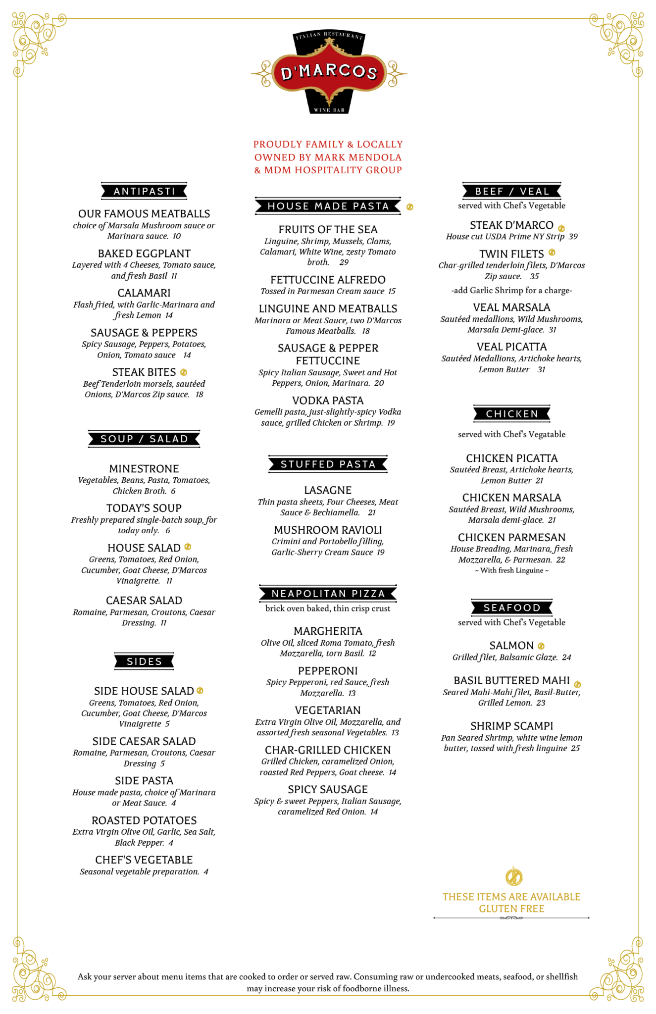Menus | D'Marcos Italian Restaurant and Wine Bar