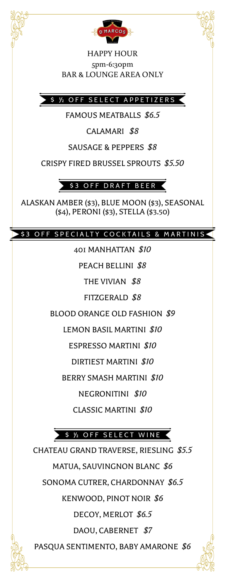 Menus | D'Marcos Italian Restaurant and Wine Bar