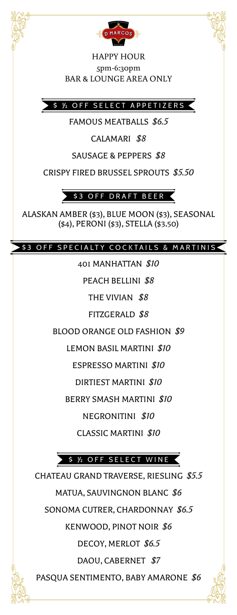 Menus | D'Marcos Italian Restaurant and Wine Bar
