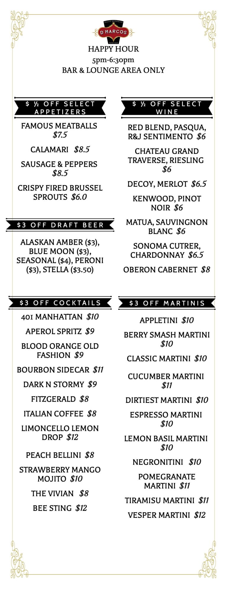 Menus | D'Marcos Italian Restaurant and Wine Bar