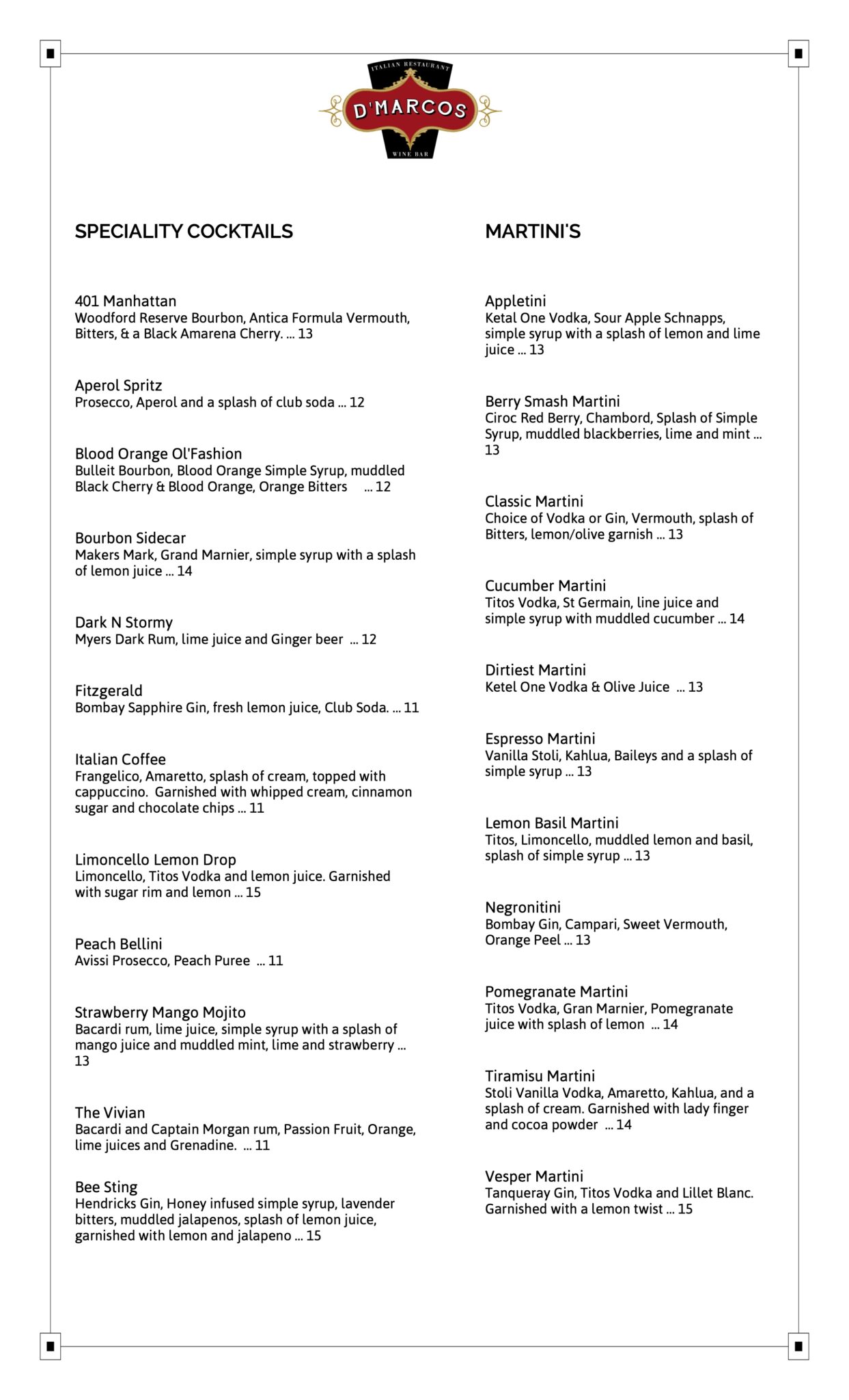 Menus | D'Marcos Italian Restaurant and Wine Bar